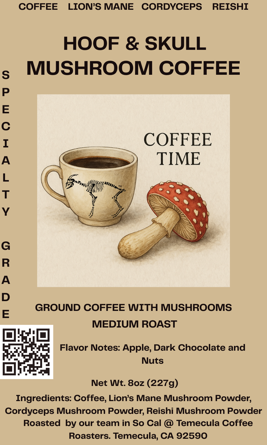 Hoof & Skull Ground Coffee Featuring Mushrooms Lion's Maine, Cordyceps